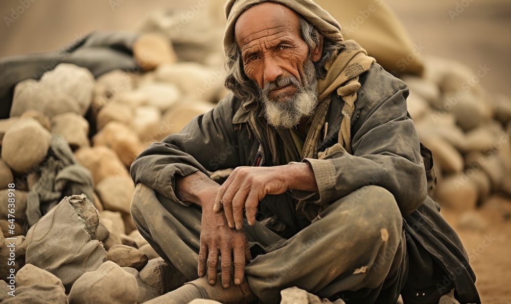 Lonely, sad old man with beard on ruins of his house after earthquake ...