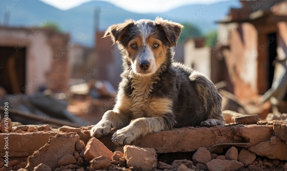 Unhappy homeless dirty dog on ruins of his owner house after earthquake ...