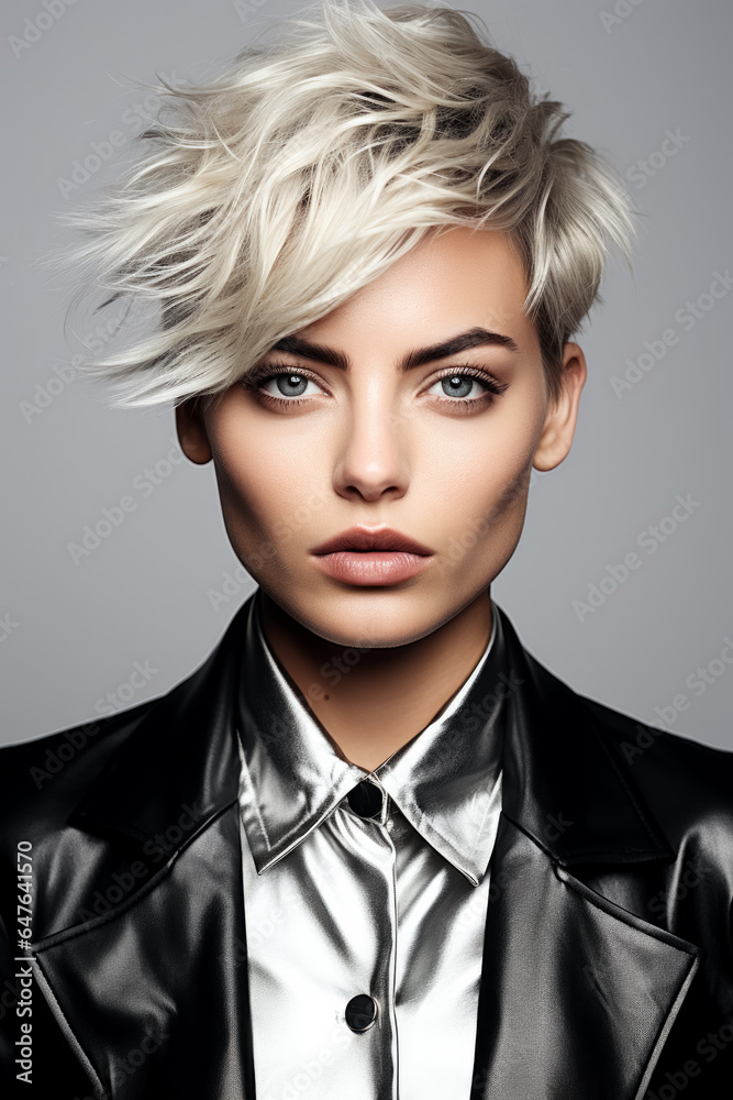 Androgynous model in metallic fashion attire isolated on a gradient ...