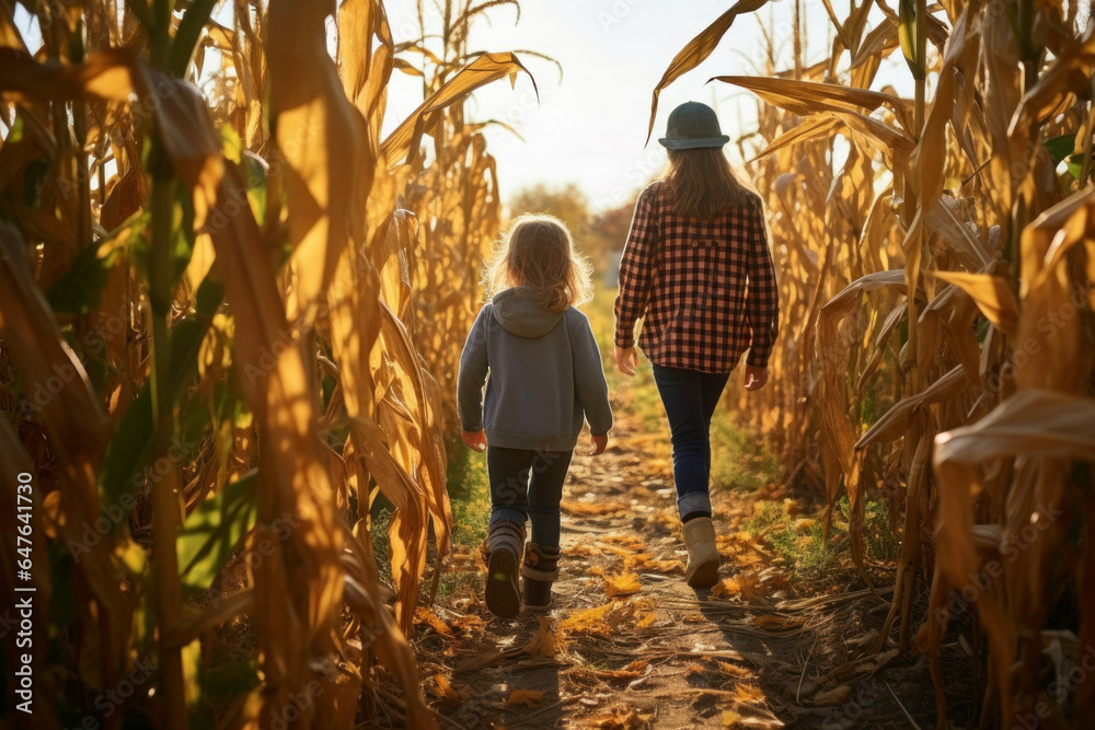 Children exploring corn maze in the fall day. Siblings two girls ...