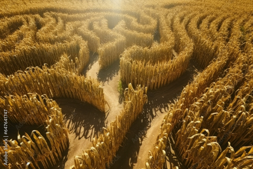 Corn maze. Aerial view of corn field with many pathways in the fall ...