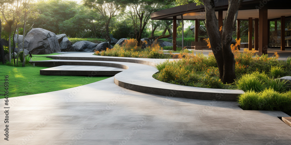 Walkway and landscape in garden, park. Also called path, footpath ...