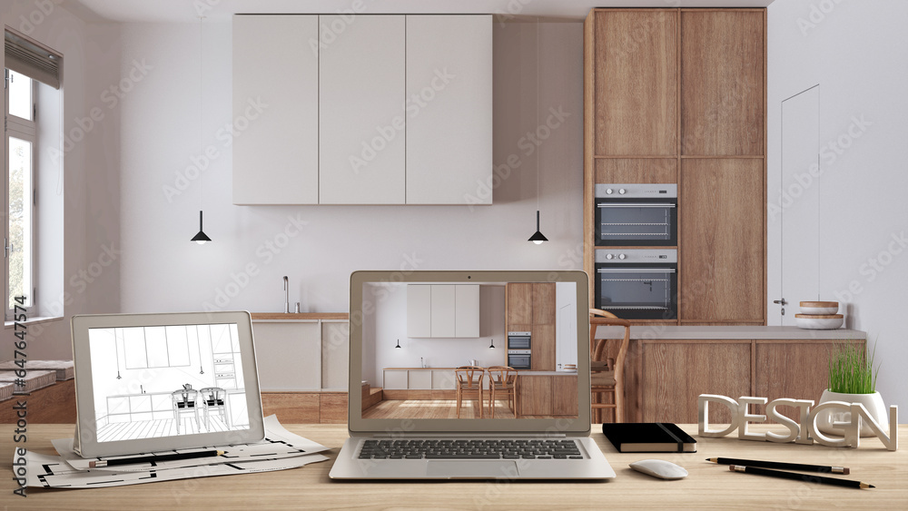Architect designer desktop concept, laptop and tablet on wooden desk ...