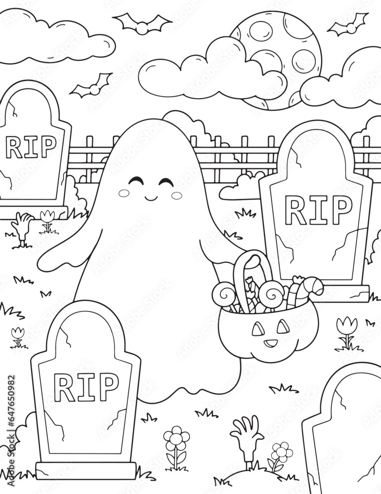 Halloween coloring page for kids. Trick or Treat. Ghost with sweets ...