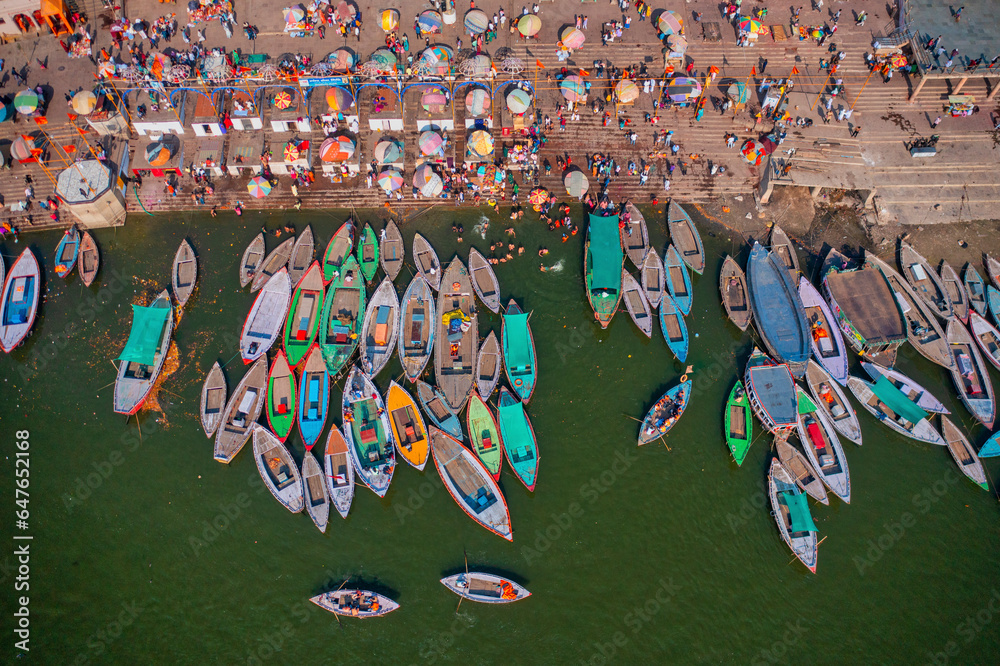 Aerial view of Varanasi, the spiritual capital of India and Ghats in ...