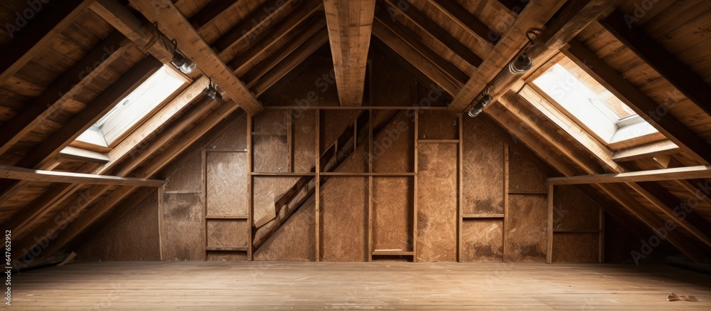 Brown truss with cracked wood seen in attic walls lined with OSB boards ...
