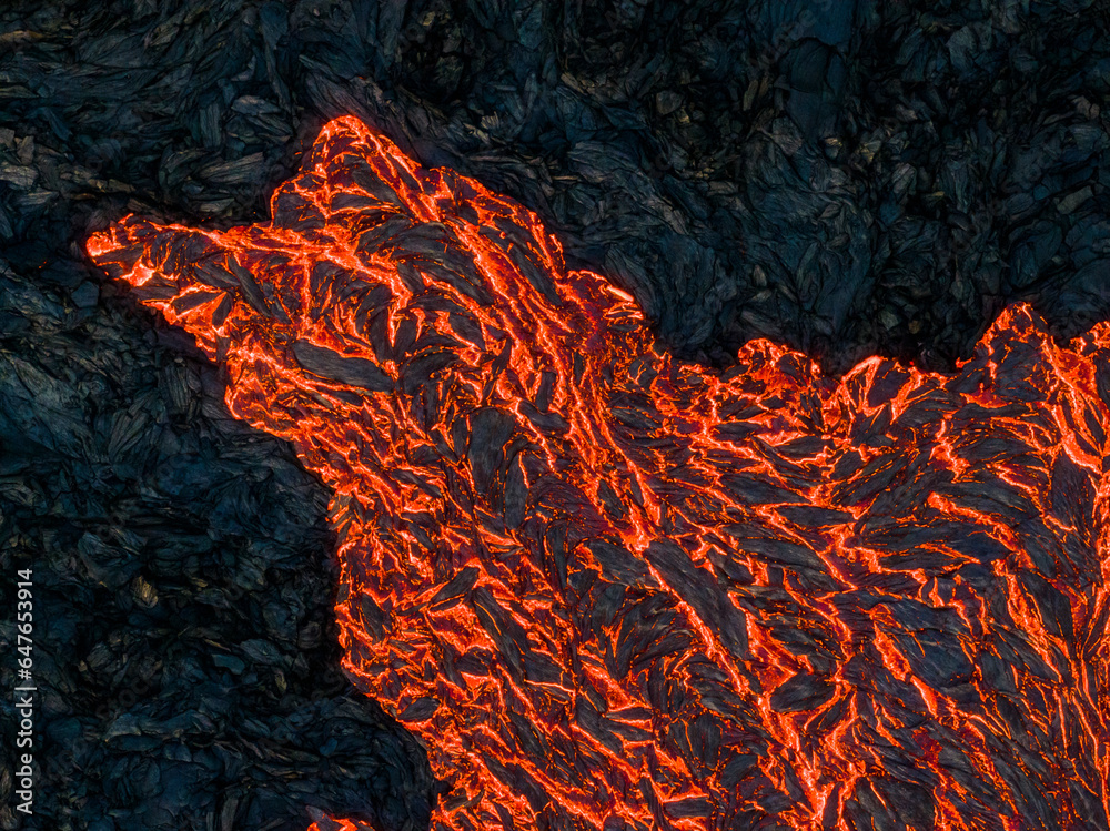 Aerial view of lava flowing from Litli-Hrutur (Little Ram) Volcano ...