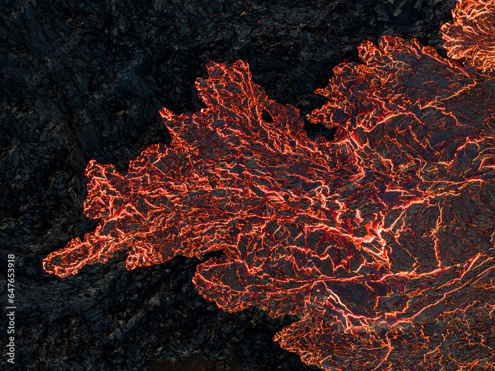 Aerial view of lava flowing from Litli-Hrutur (Little Ram) Volcano ...