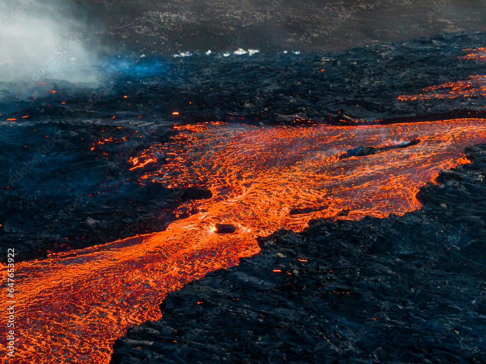 Aerial view of lava flowing from Litli-Hrutur (Little Ram) Volcano ...