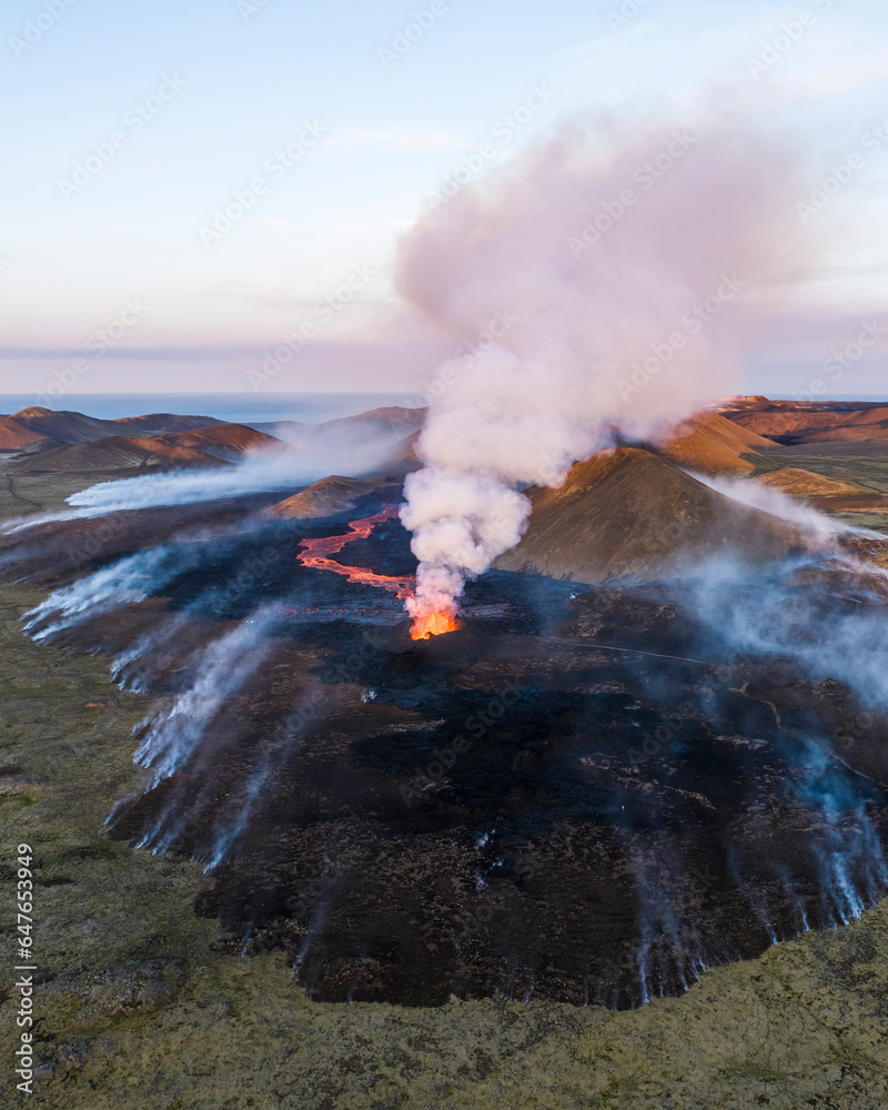 Aerial view of Litli-Hrutur (Little Ram) Volcano during an eruption on ...