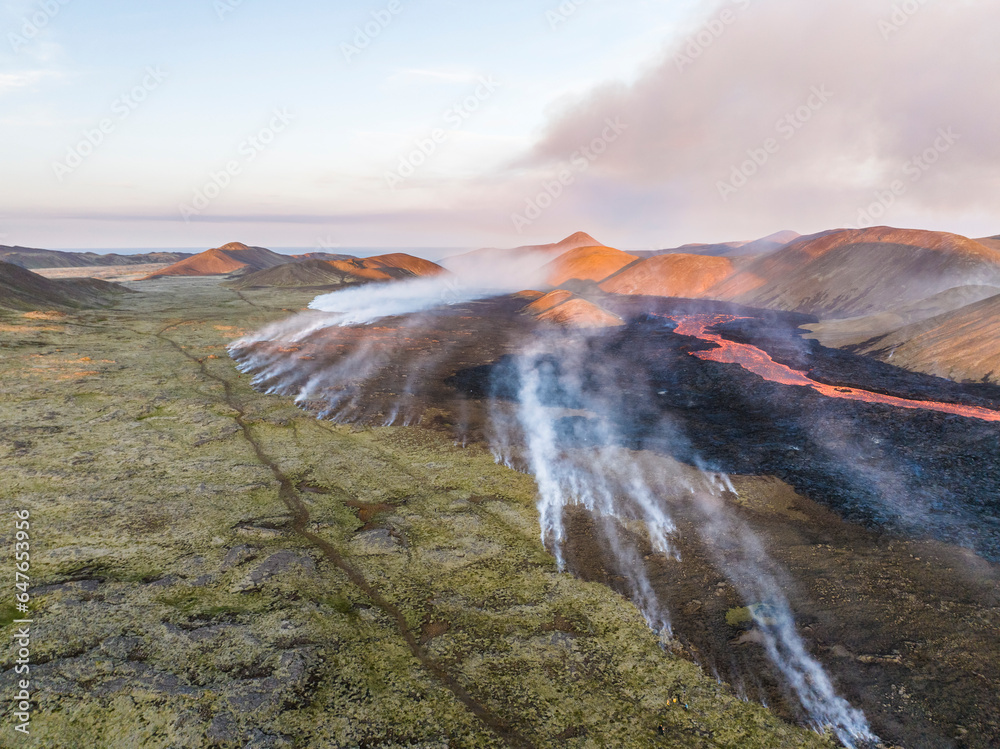 Aerial view of Litli-Hrutur (Little Ram) Volcano during an eruption on ...