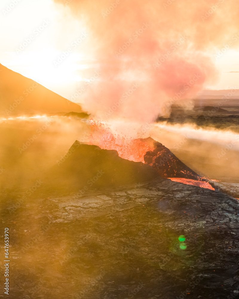 Aerial view of Litli-Hrutur (Little Ram) Volcano during an eruption on ...