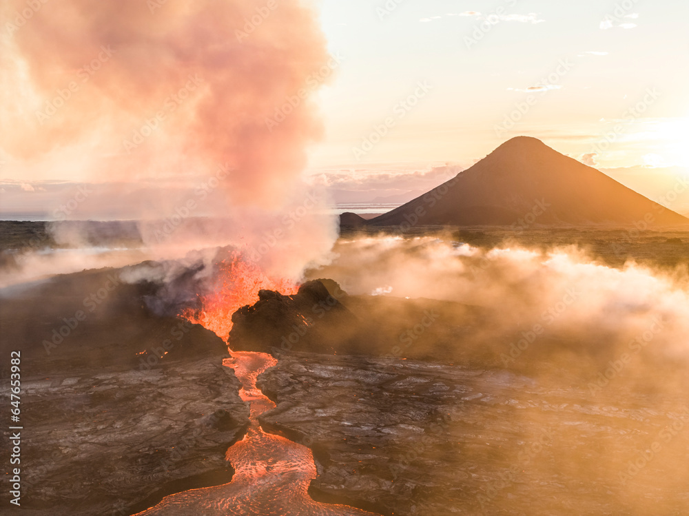 Aerial view of Litli-Hrutur (Little Ram) Volcano during an eruption on ...