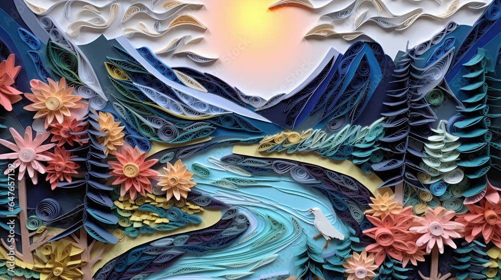 Paper Quilling of Snowy River Landscape, Generative AI Illustration ...