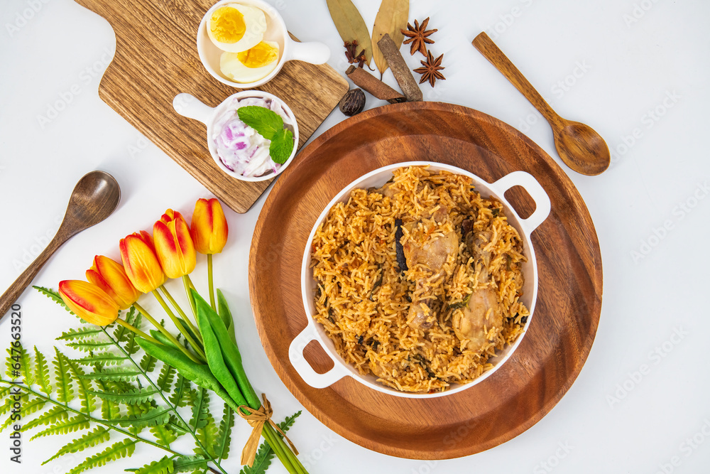 Chicken Biryani made with basmati rice and spices served in plate ...