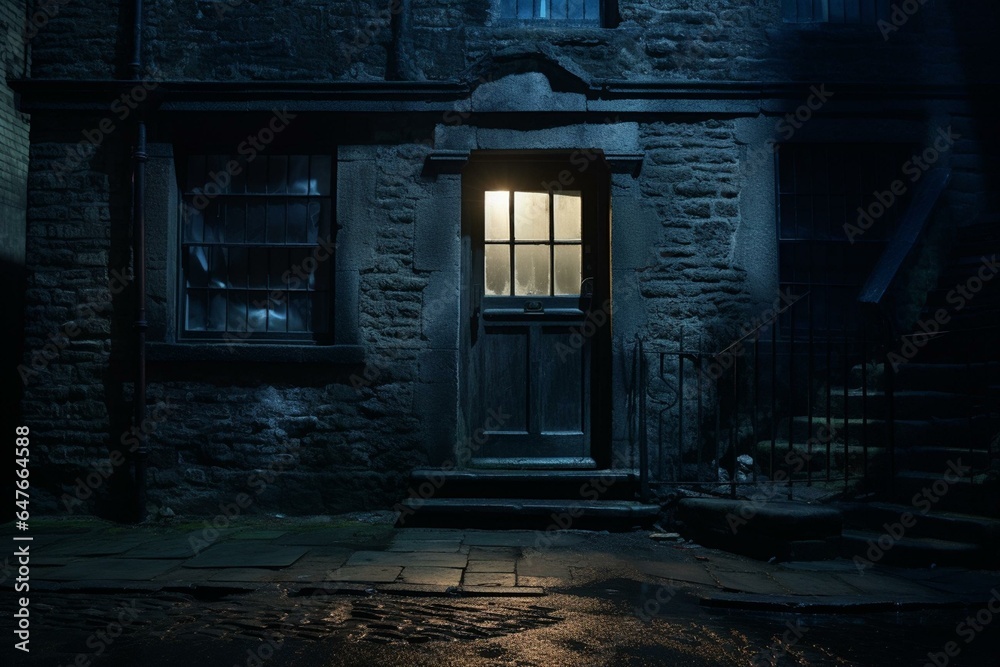 Eerie door on stone house, city at night, lit windows. Haunted house ...