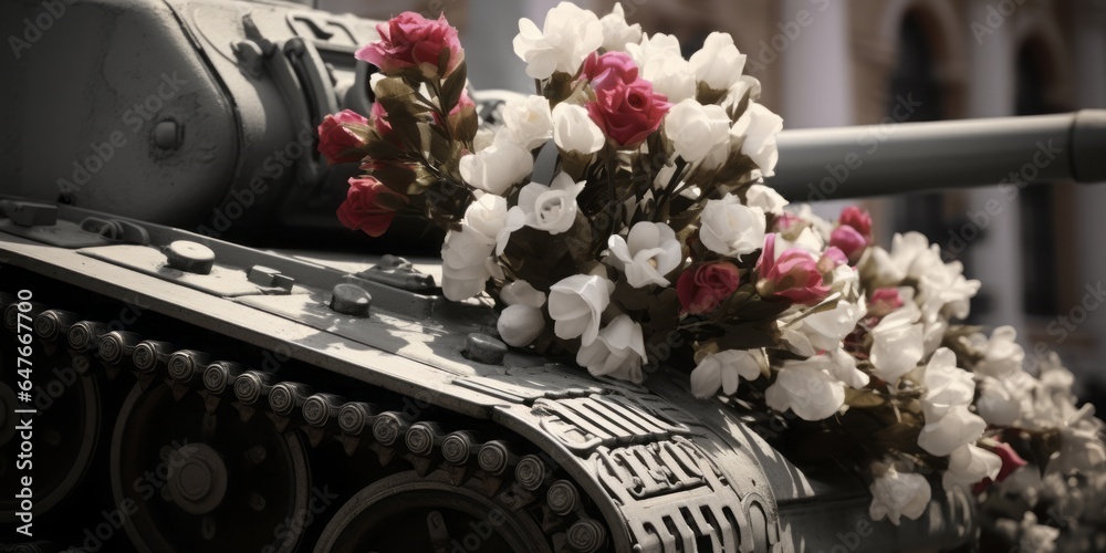Armored Pipe on a Tank Adorned with Flowers, Standing in Front of a ...