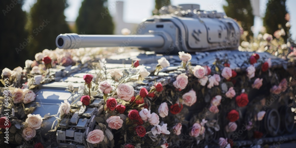 Armored Pipe on a Tank Adorned with Flowers, Standing in Front of a ...