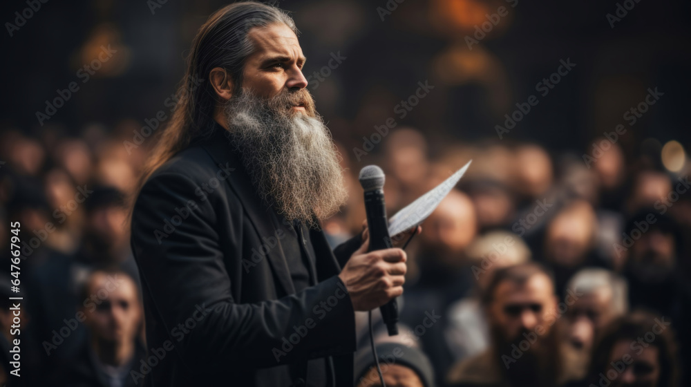 Preacher on stage with mic in hand. Blurred crowed in background ...