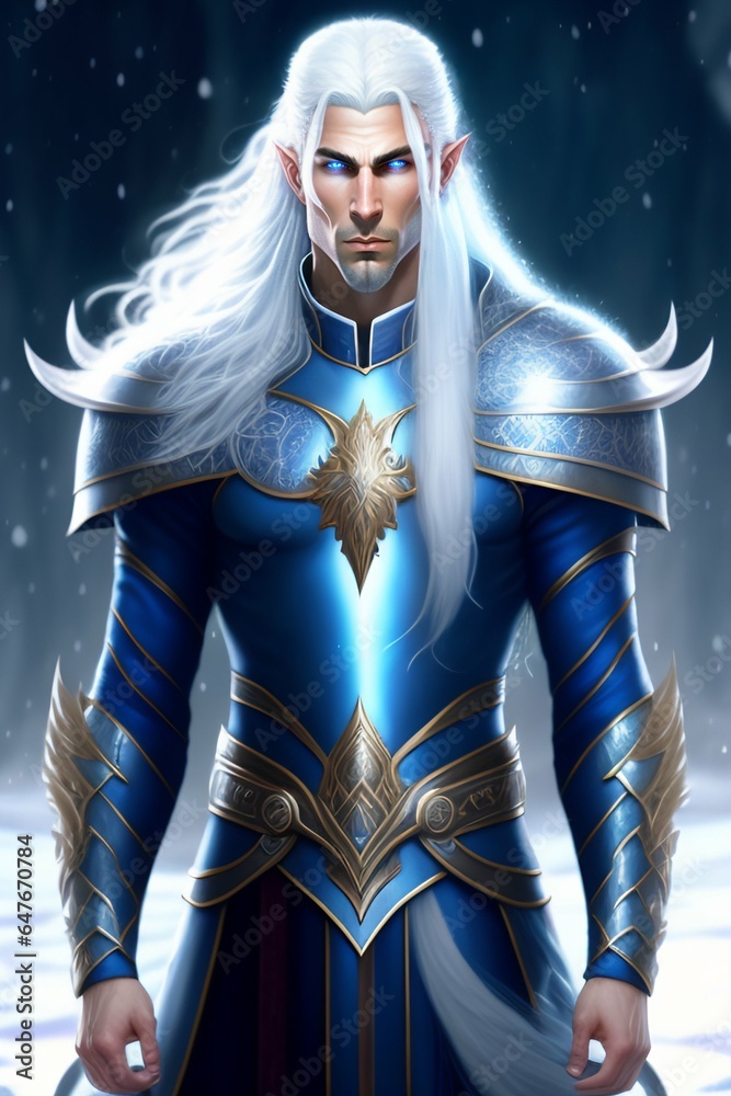 Man portrait A pale white-skinned male elf, with long white hair, a ...