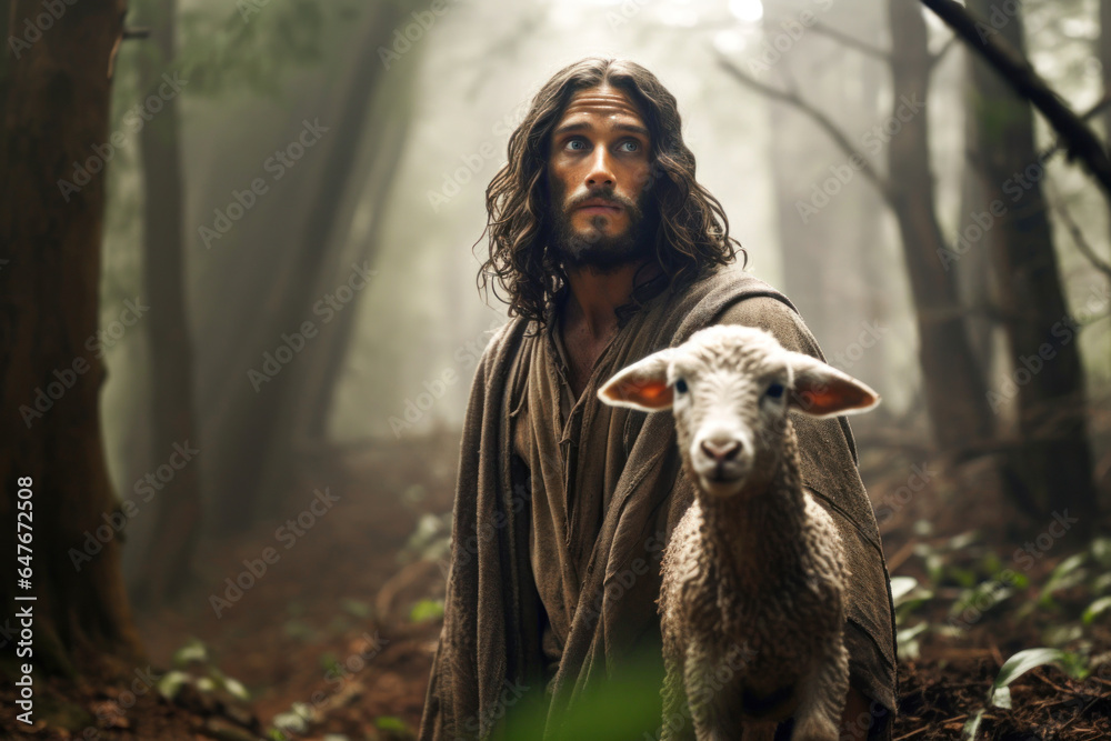 Jesus Christ The Shepherd in the middle of nature looking for and ...