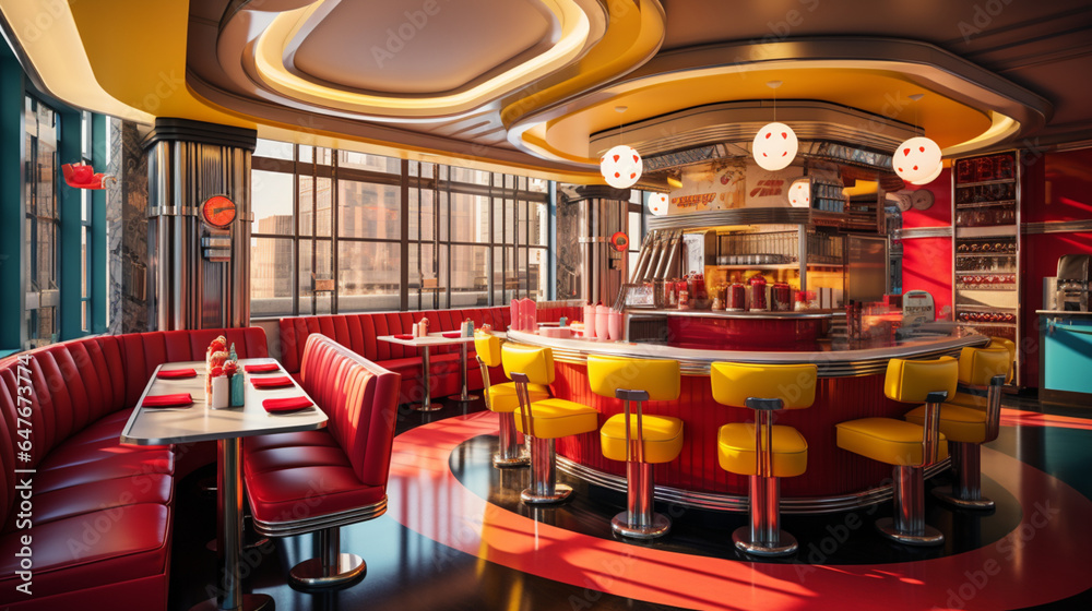 Retro vintage diner restaurant, interior design, stylish old fashioned ...
