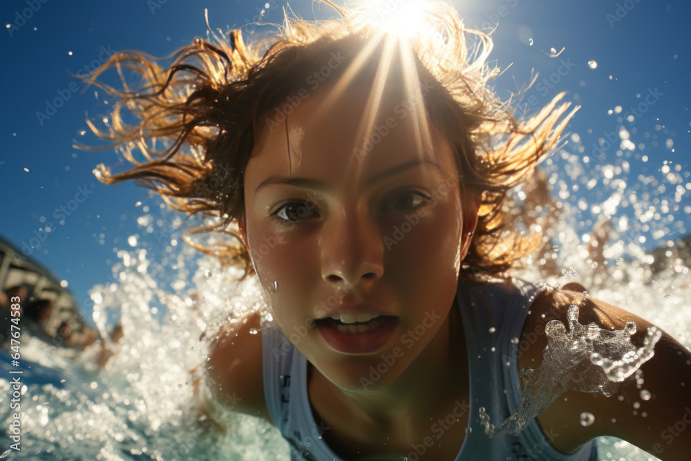 Dramatically backlit, a focused Asian teenage girl in competitive ...