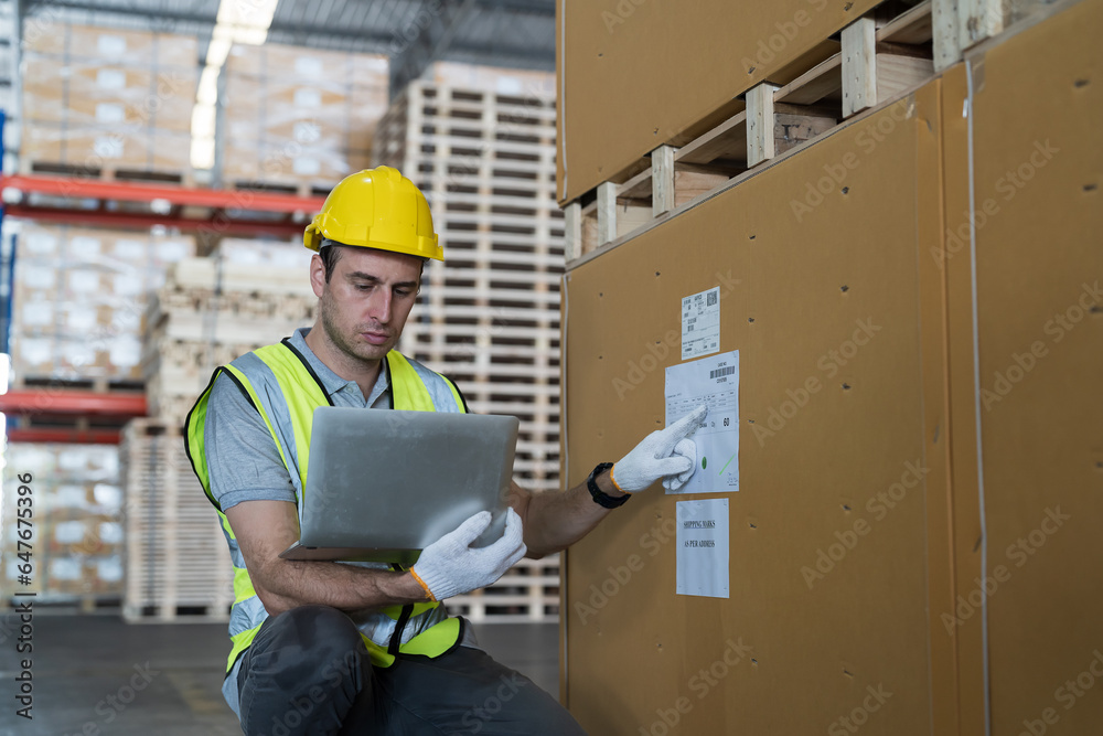 Male warehouse worker inspecting quality of boxes on shelf pallet in ...