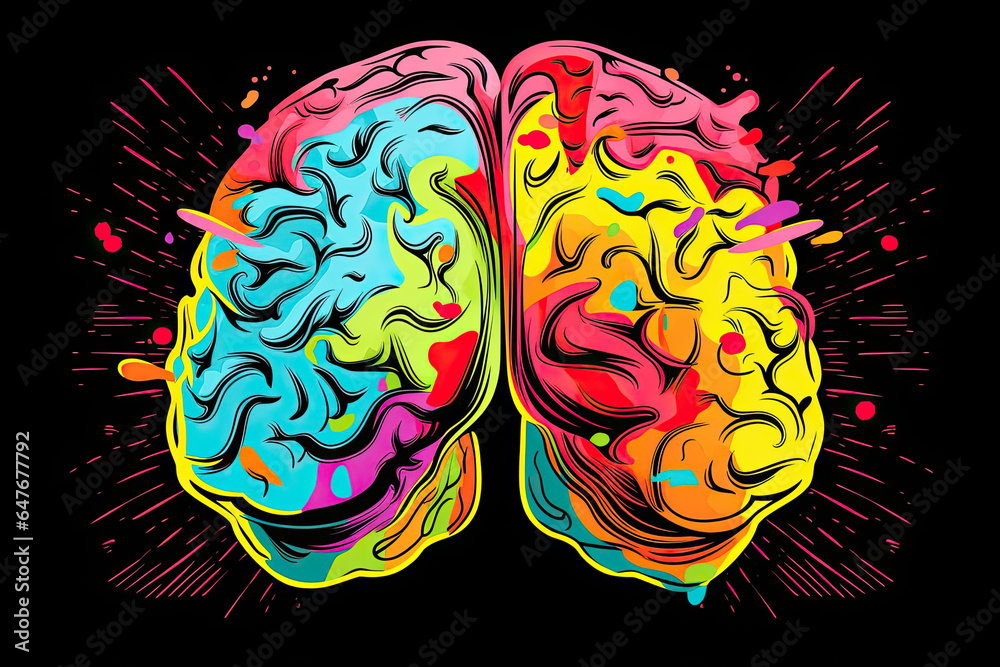 Pop Art Brain in Psychedelic Colors in Cosmic Warp in Black Space with ...