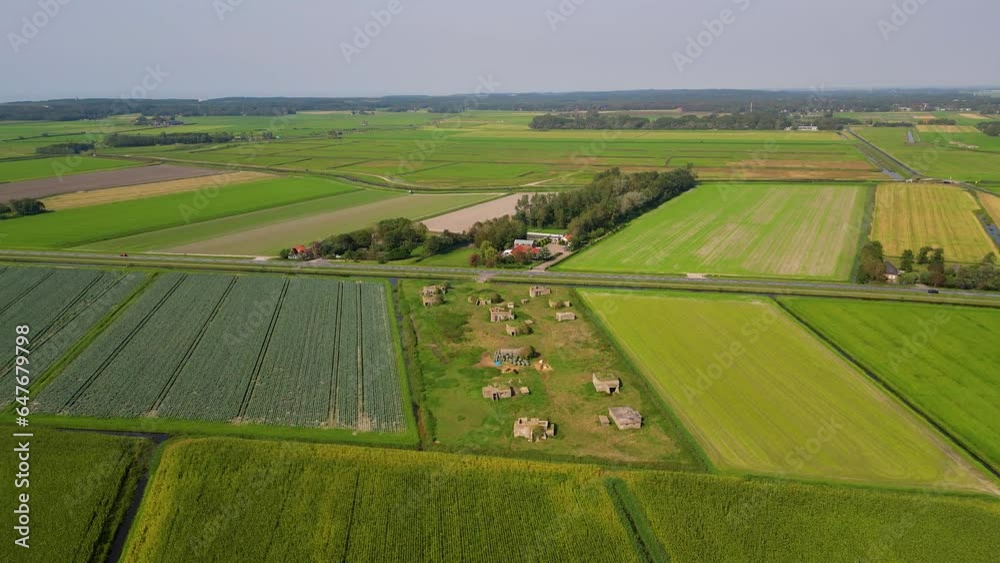High angle Drone Point of View on World War II Bunkers in Egmond, North ...