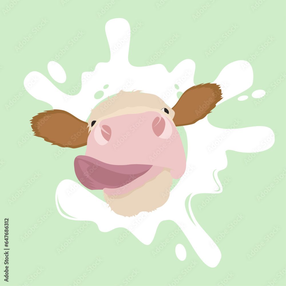 Vector illustration of cow head. Funny, smiling cow face for dairy ...