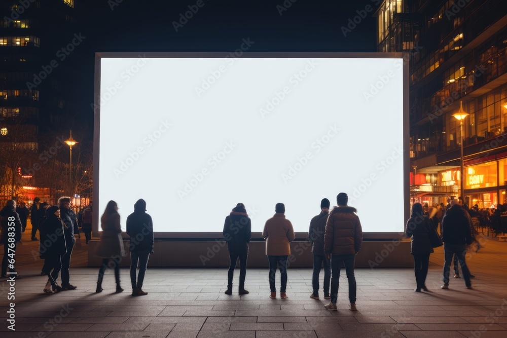 many people looking at blank LED billboard mockup in night city street ...