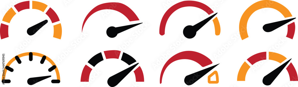 set of Speedometer, gauge meter icons. scale, level of performance ...