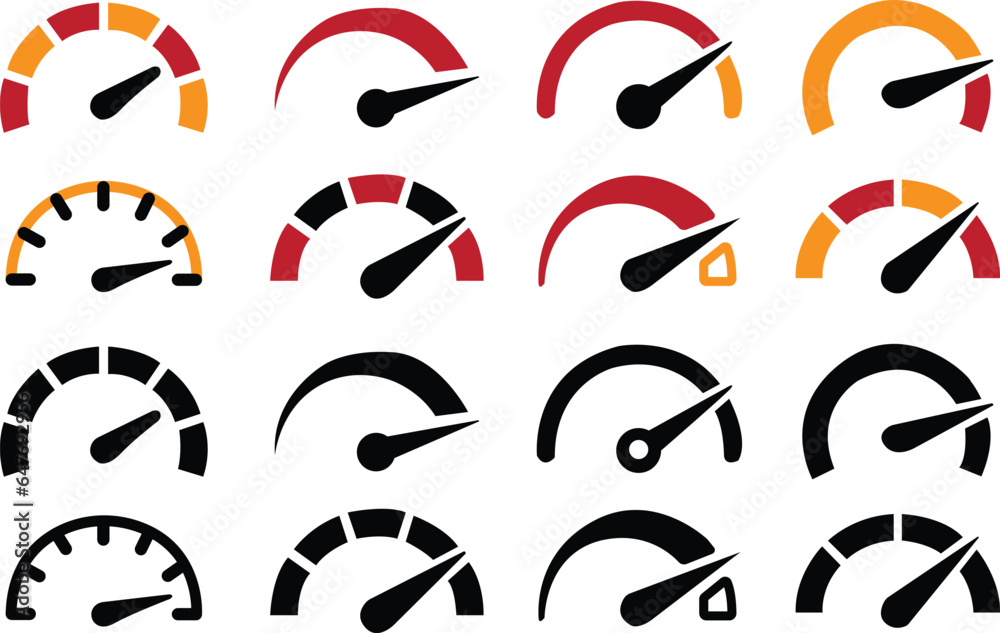 set of black Speedometer, gauge meter icons. scale, level of ...