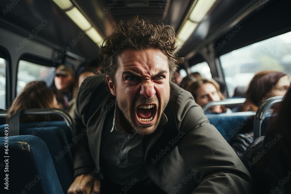 Angry man traveling in public transport in a traffic jam Stock Photo ...