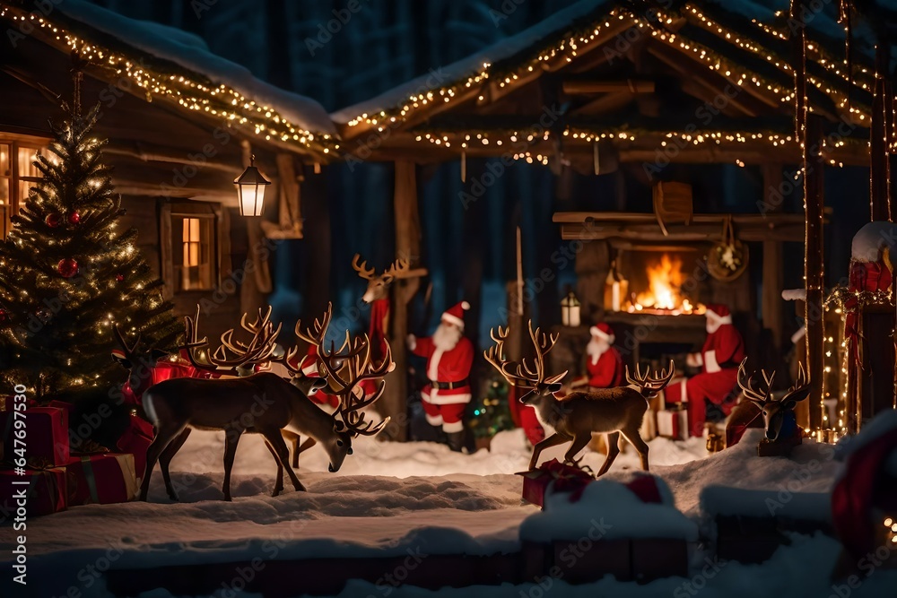 a magical North Pole scene with Santa's workshop, reindeer, and elves ...