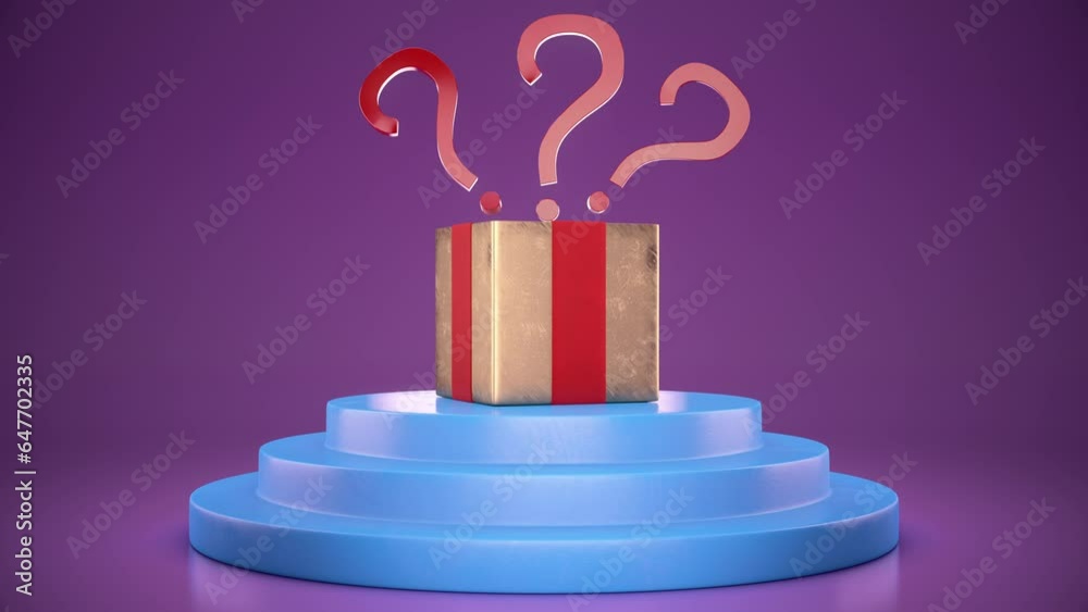 A 3D animation of a gift box with a red ribbon opens to reveal a quest ...