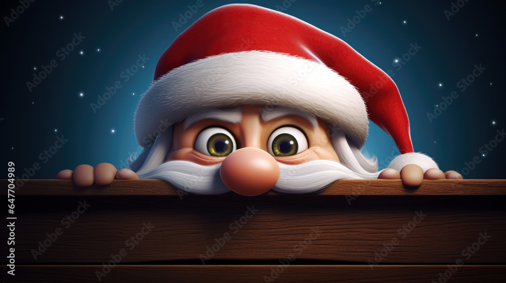 Cartoon Santa Claus peeking over a wooden sign on a night sky with ...