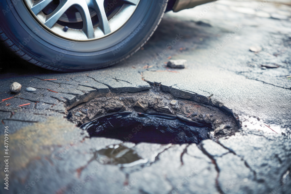 A side view of a vehicle navigating a pothole-ridden street ...