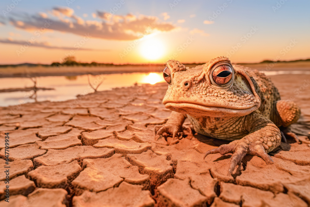 A brown frog sitting on the edge of a dry water body, its environment ...