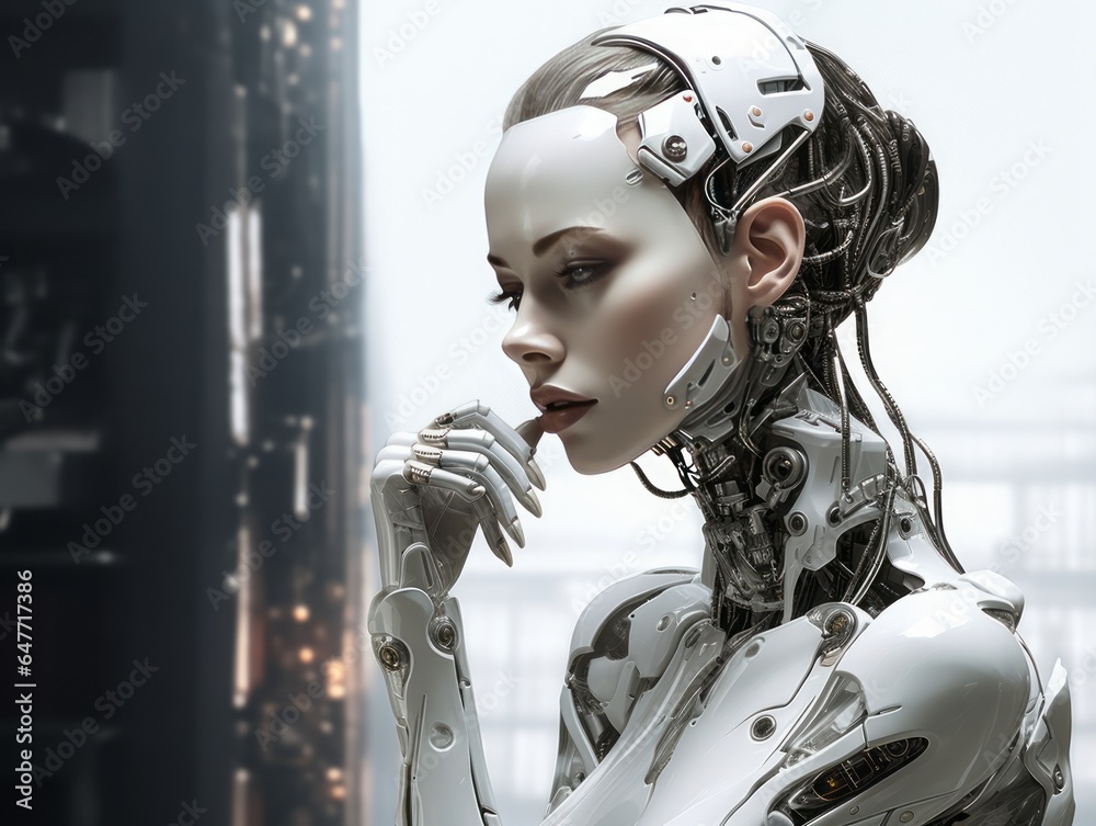 Robot Woman, a Robotic Female, Poses on a White Background, Embodying ...