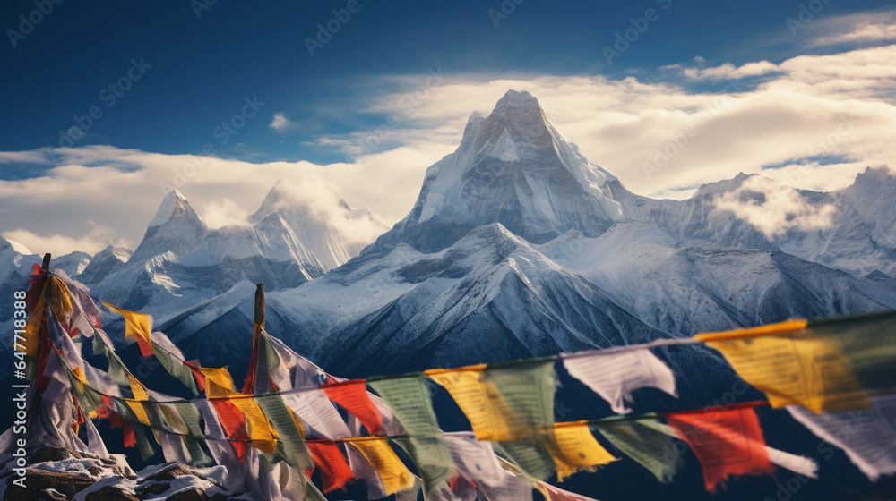 Buddhist prayer flags fluttering in the Himalayas, snow - capped ...
