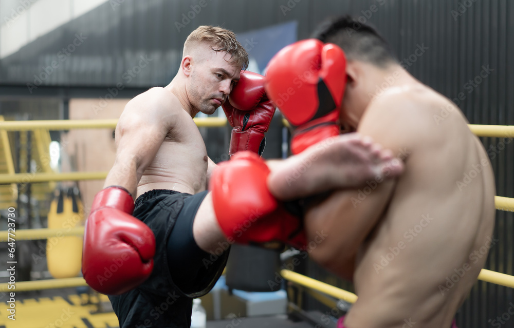 Foto de Two men athlete boxing competition in ring. Diverse ethnic ...