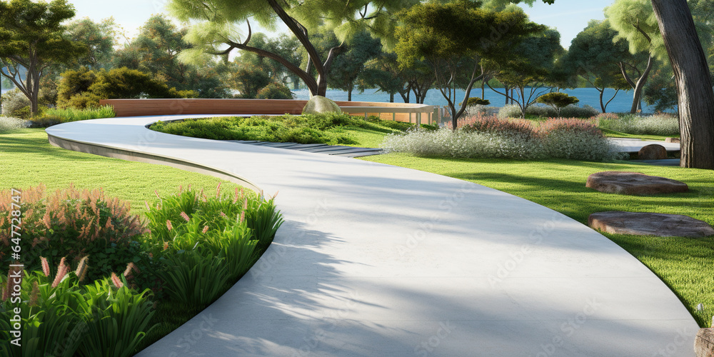 Walkway and landscape in garden, park. Also called path, footpath ...