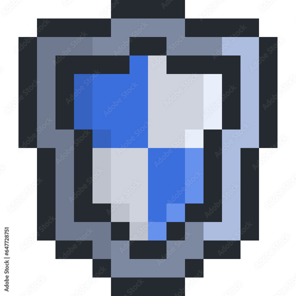 pixel art design of a 16bit shield with blue and white defense design ...