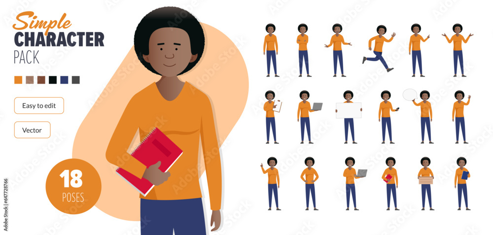 Simple flat black female vector character in a set of multiple poses ...
