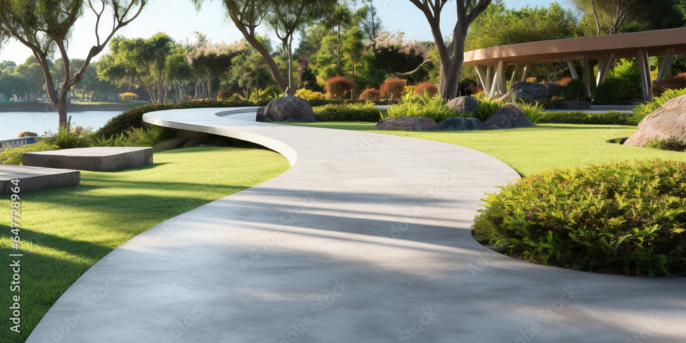 Walkway and landscape in garden, park. Also called path, footpath ...