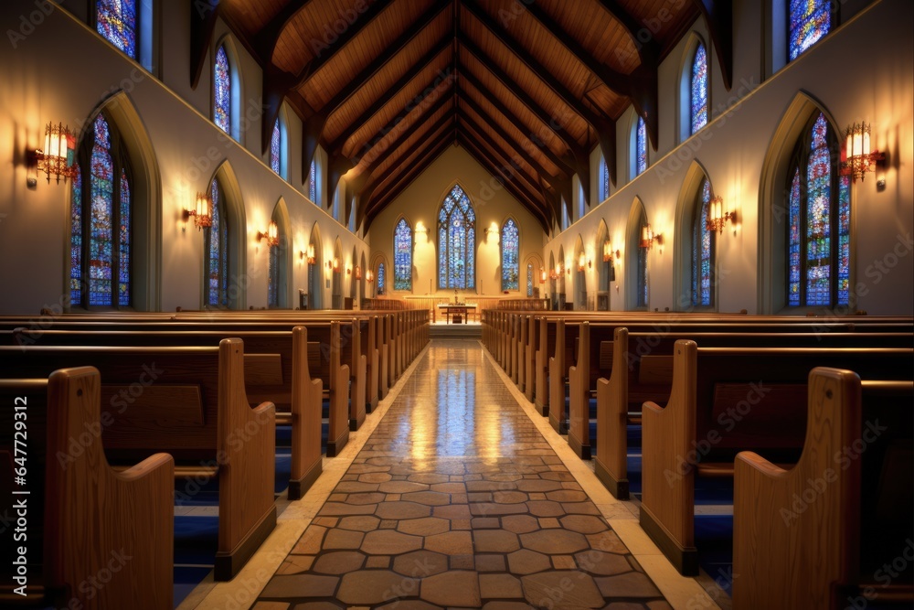 Inside of a Church: Stained Glass Windows Illuminate the Aisles of a ...