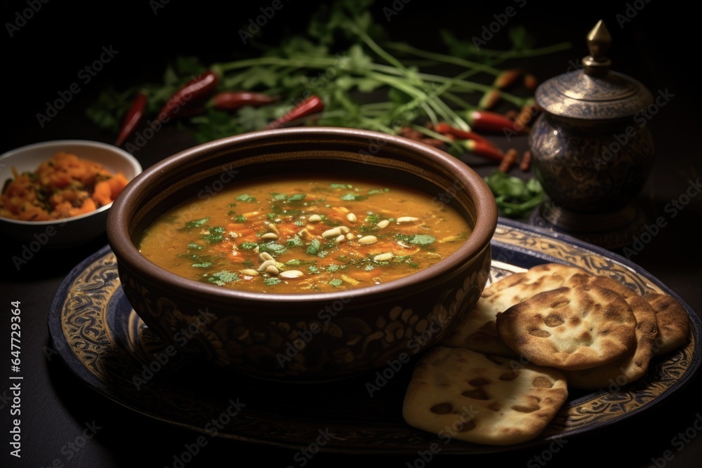 Moroccan Harira Soup in Traditional Bowl with Bread. Ramadan Food in ...