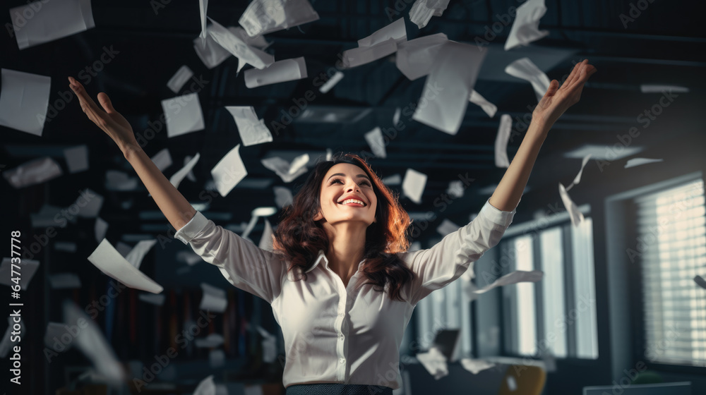 Happy businesswoman throwing papers in the air as a sign of victory and ...